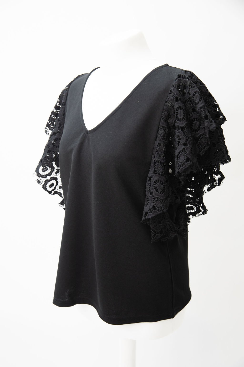 Patsy Black Top with Lace Frill Sleeve | 4LOVE